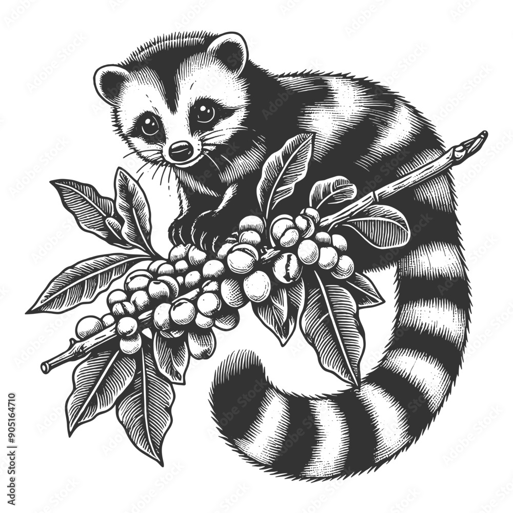 musang Asian palm civet sit on coffee tree branch with coffee cup Kopi ...