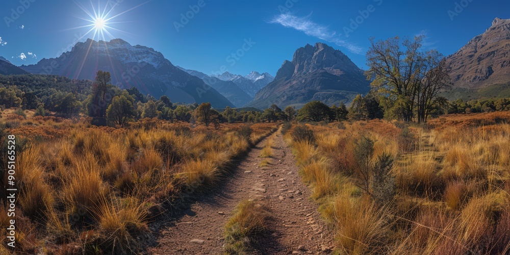 Stunning panoramic view of a rocky mountain path under a bright sun ...