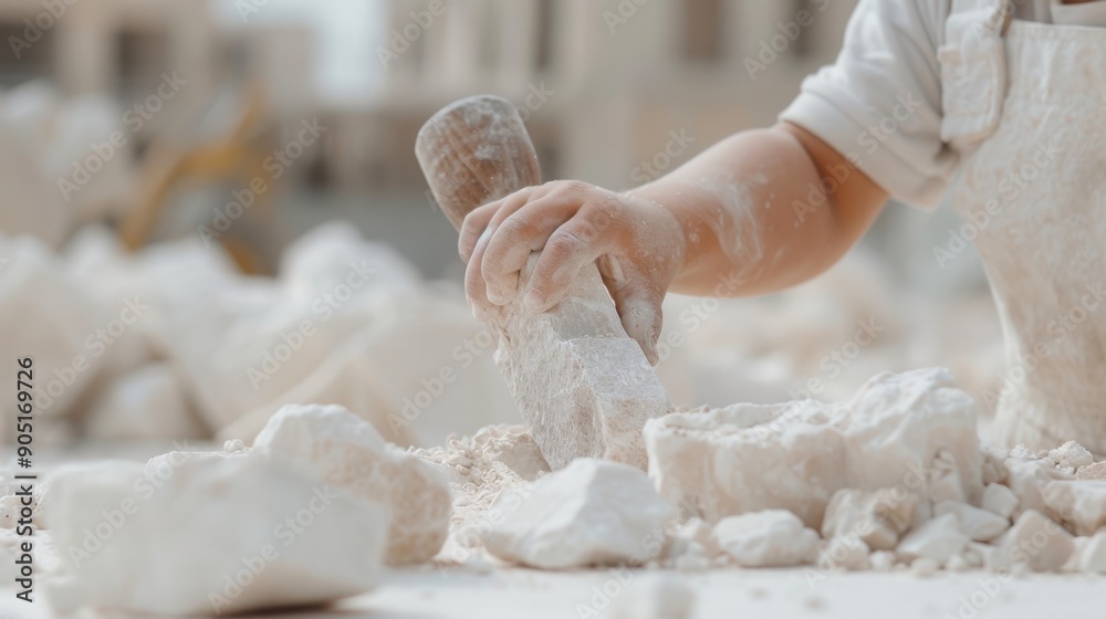 Close-up of a boy chiseling stone, small hands gripping the tool, soft ...