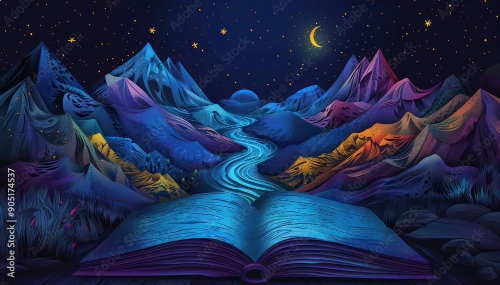 Open book with magical landscape emerging from its pages. Mountains ...