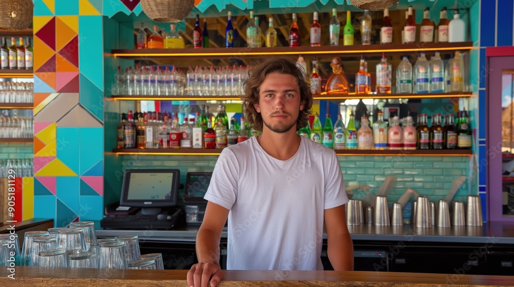 A bartender stands at a rustic wooden bar, ready to serve colorful ...