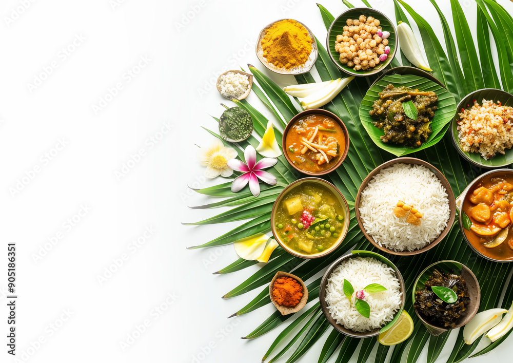 Traditional food Onam sadhya served on banana green leaf, south indian ...