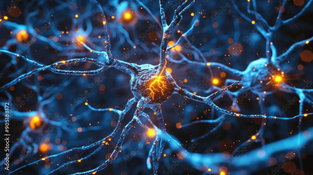 Neuron connections in the brain with glowing signal pathways, detailed ...