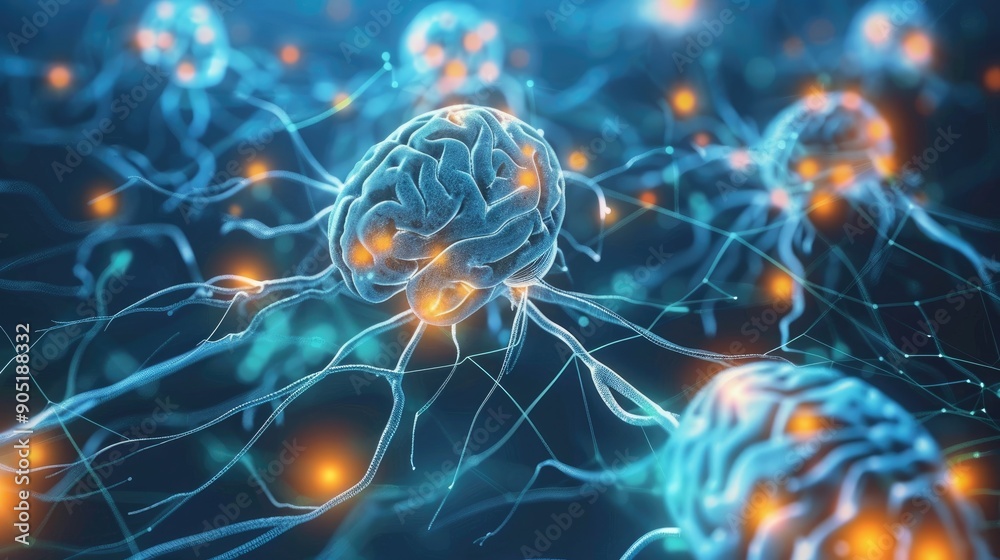 Neuron connections in the brain with glowing signal pathways, detailed ...