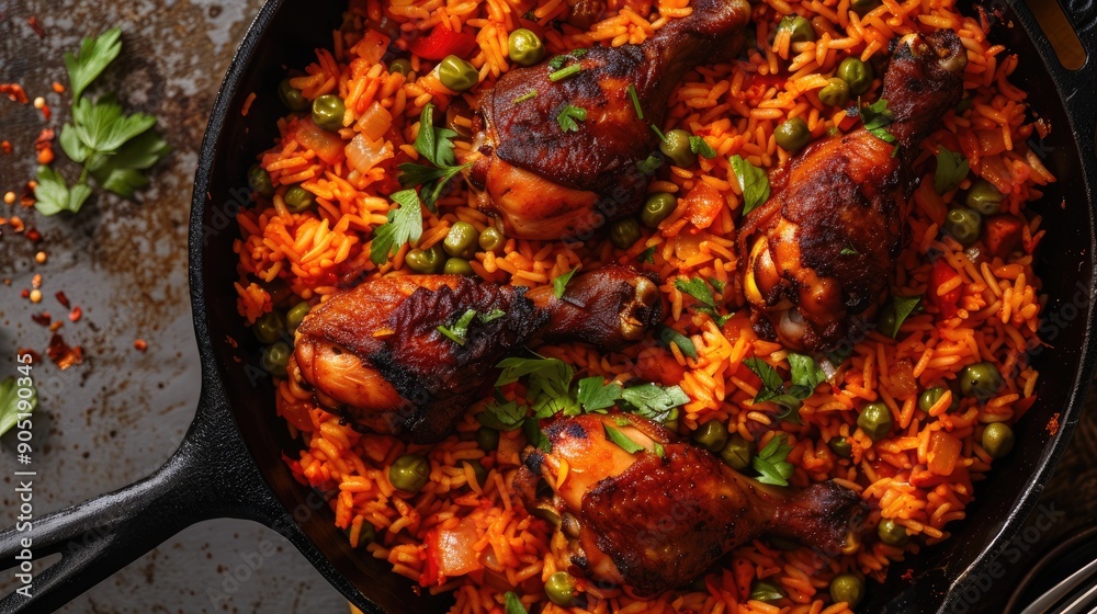 Jollof rice and fried chicken in a cast iron skillet homemade party ...