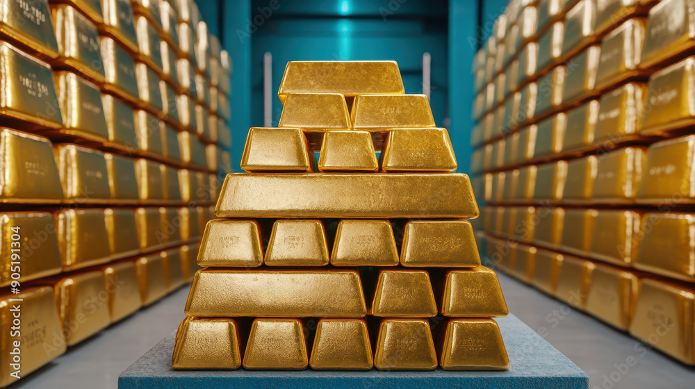 Shimmering gold bars stacked in a vault, investment gold, wealth and ...