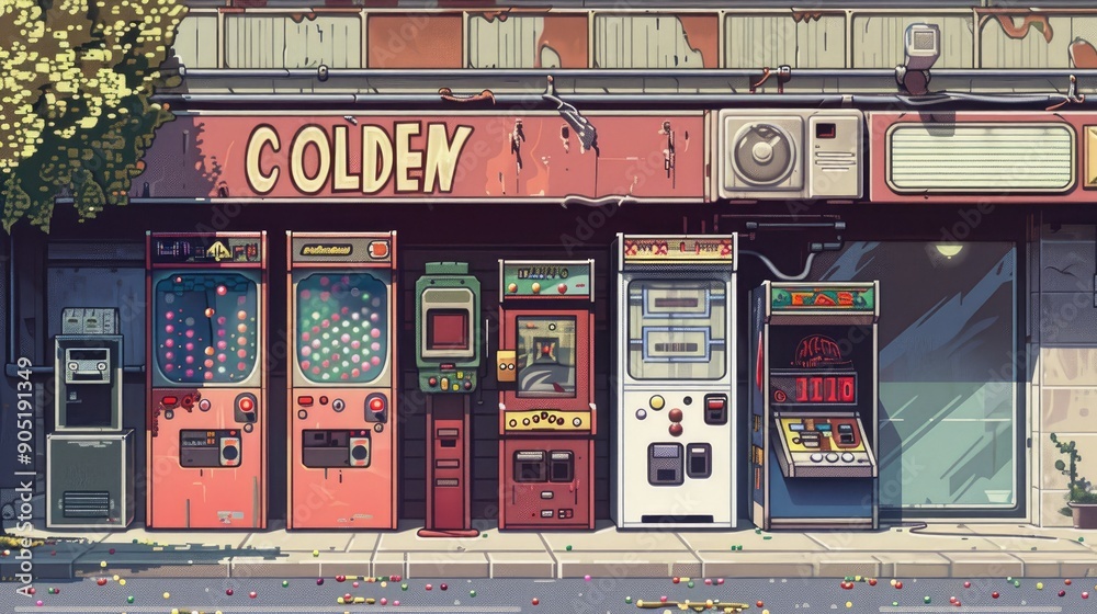 Pixel art illustration of a retro arcade storefront with a closed sign ...