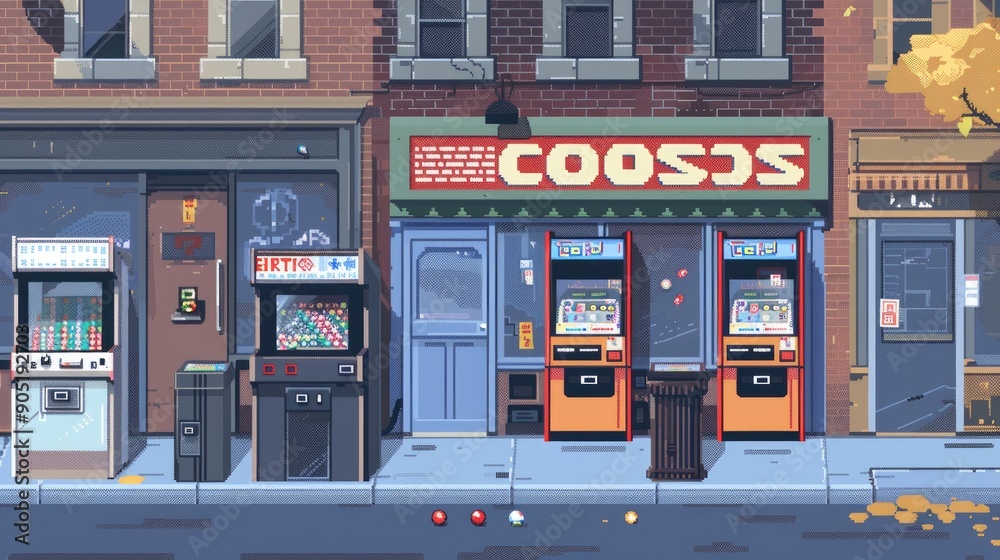 Pixel art retro arcade with a closed sign, gumball machines, and a game ...