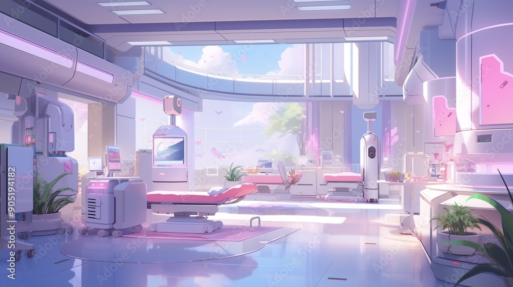 A pastel-themed futuristic medical simulation center with AI-driven ...