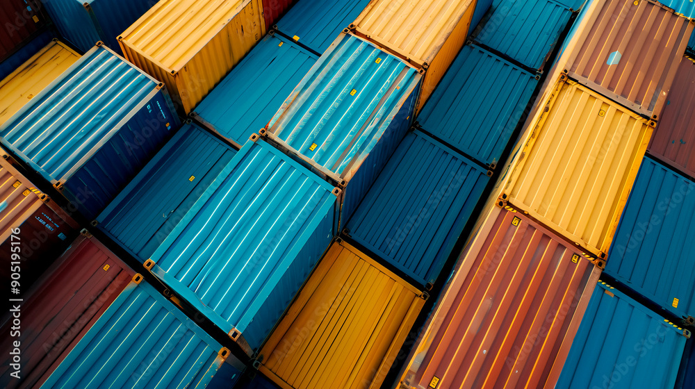 Aerial view of colorful shipping containers stacked in an organized ...