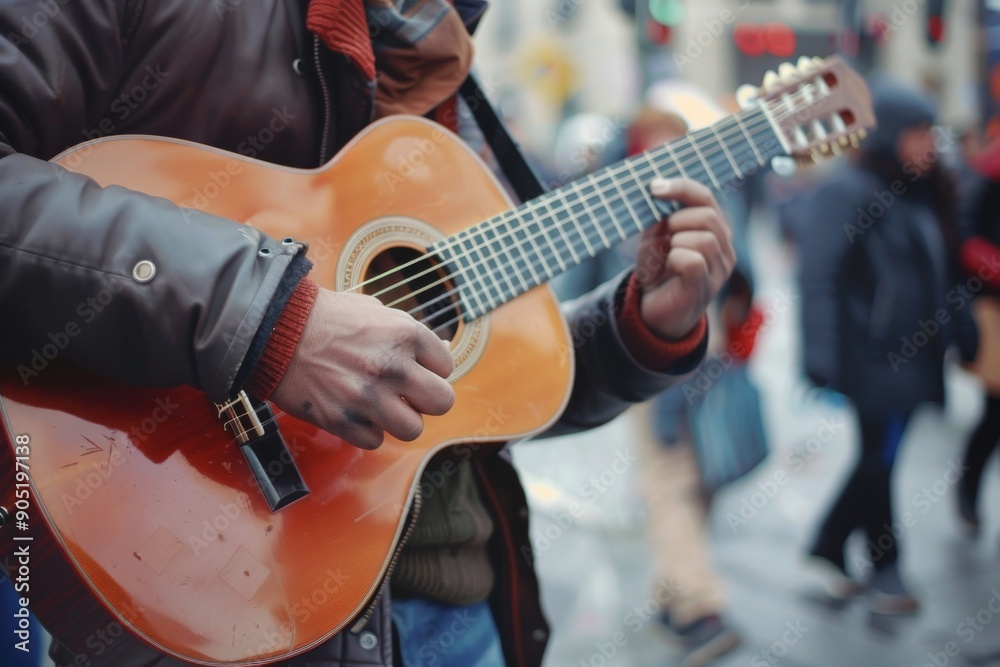 A talented musician plays guitar on a busy street corner, drawing in a ...
