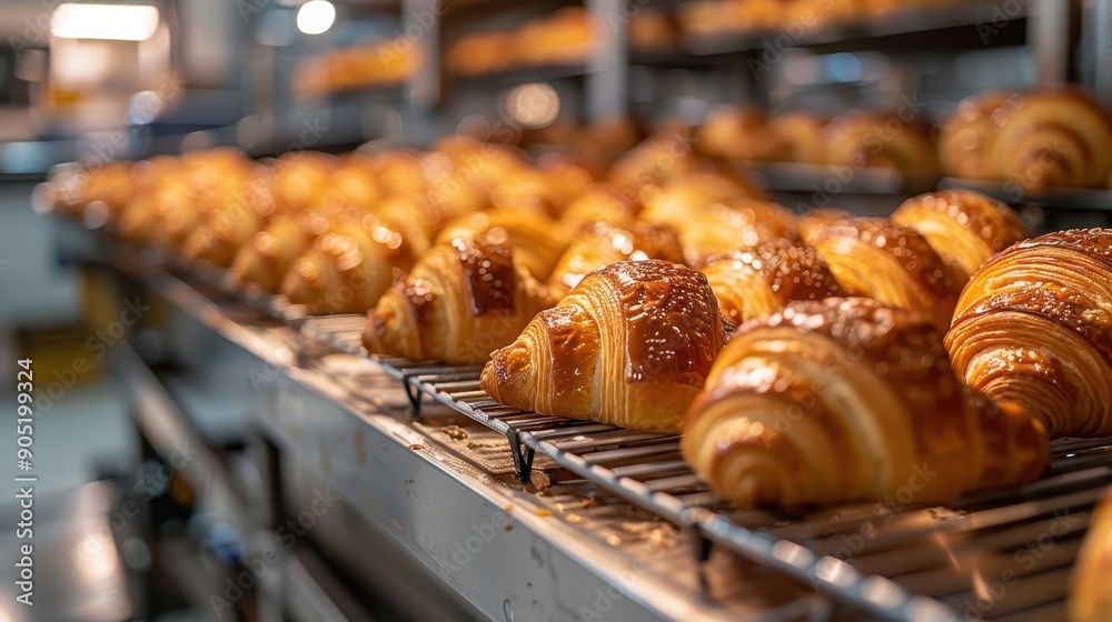 Multiple rows of glossy, freshly baked croissants on baking racks in a ...
