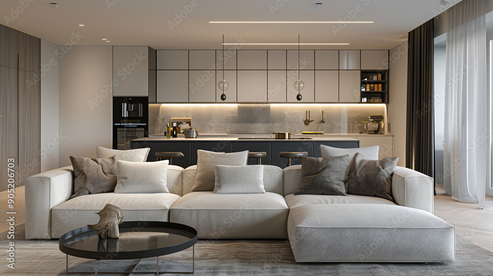 Light color interior of modern living room and kitchen with comfortable ...