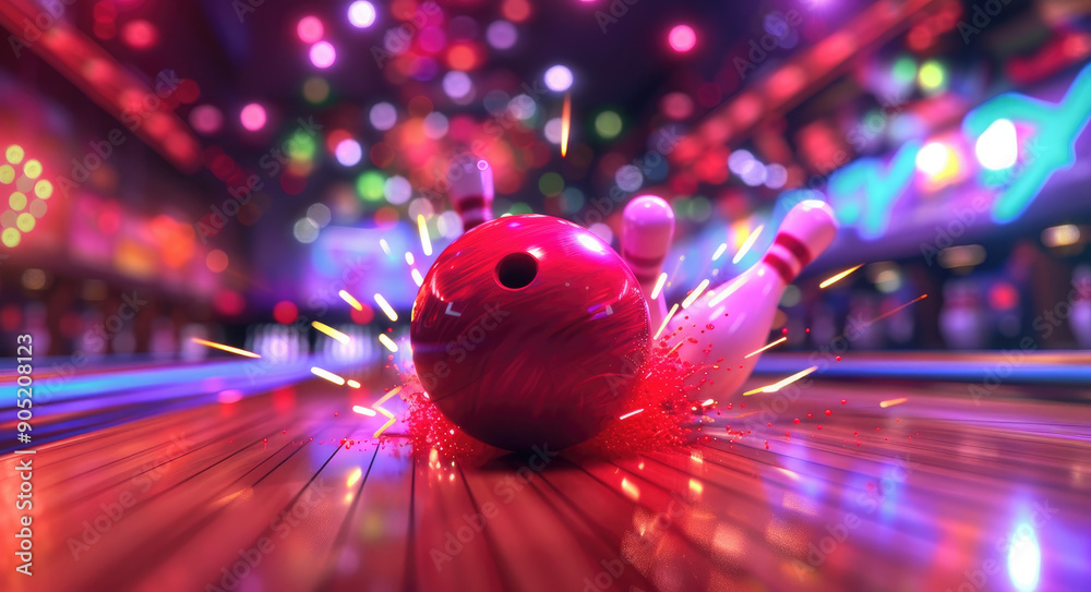 ed bowling ball crashing into the pins on wooden floor with colorful ...