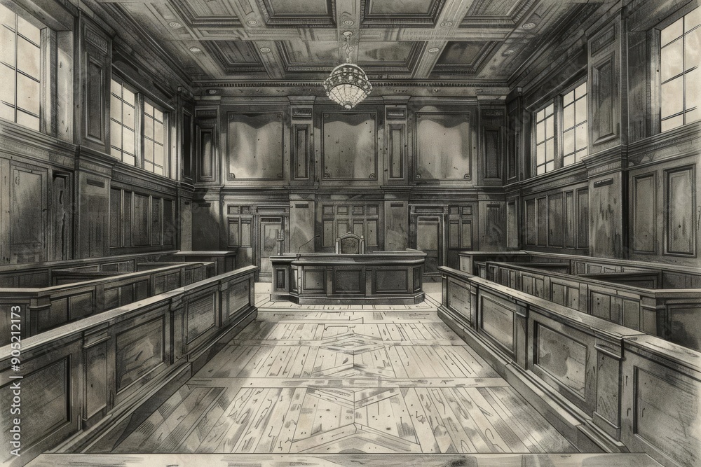 Vintage sepia illustration of an empty courtroom showcasing detailed ...