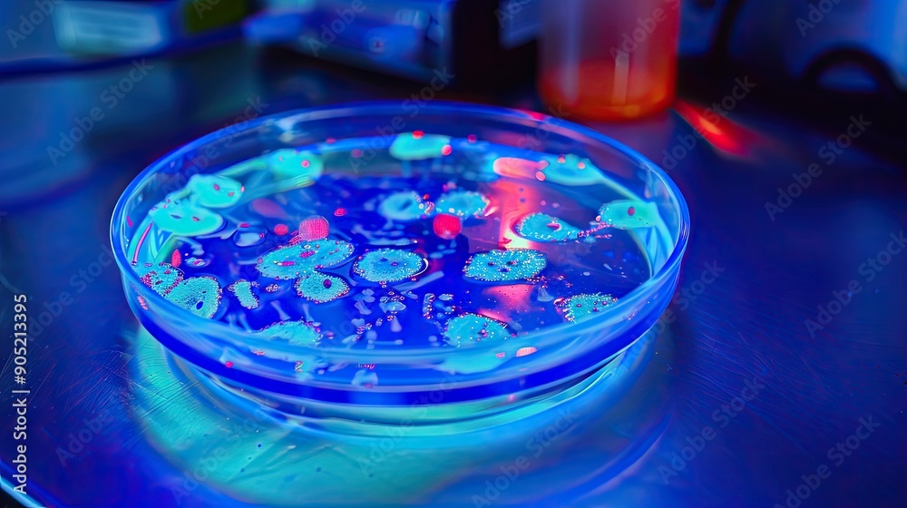 Petri dish of bacteria expressing fluorescent proteins under blue light ...