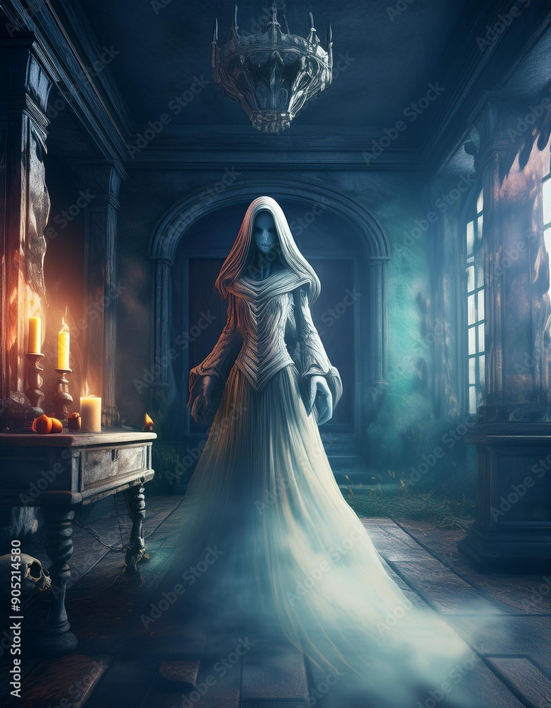 A Victorian-era ghost girl with long, flowing white hair and hollow ...