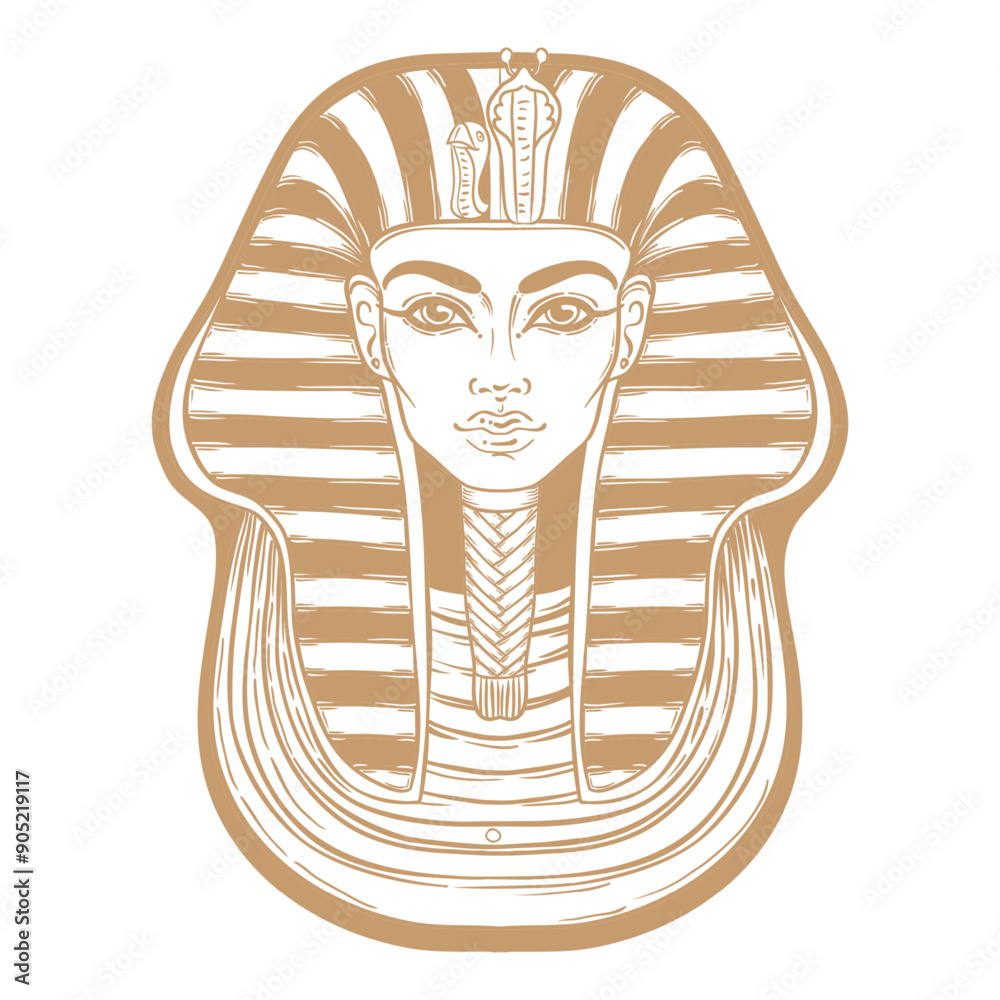 King Tutankhamun mask, ancient Egyptian pharaoh. Hand-drawn vintage ...