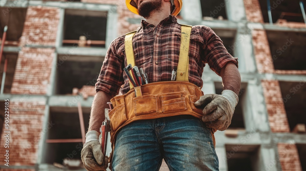 Close up of a male construction worker wearing a tool belt with a hard ...