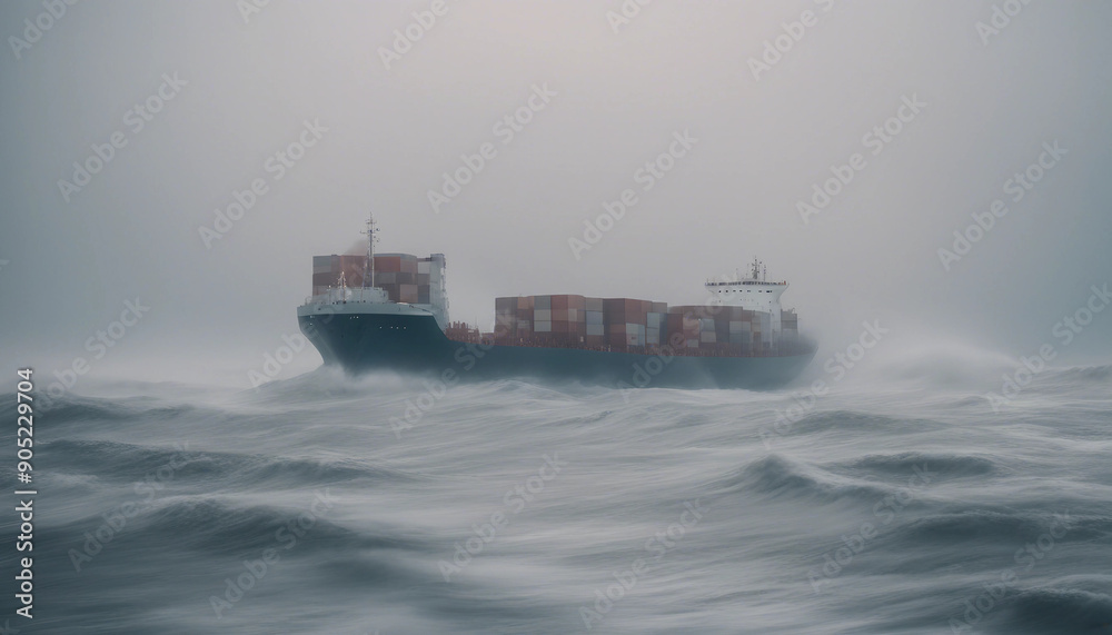 A cargo ship struggling through dense fog and towering waves in the ...