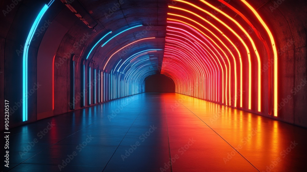 An ultra-realistic neon tunnel bathed in red and blue light lines, set ...