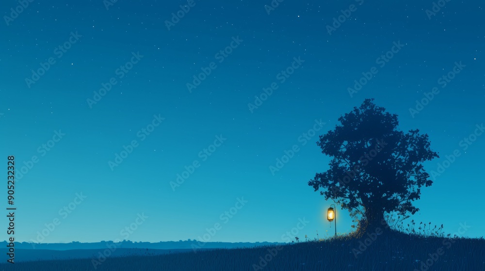 Minimalist summer evening with a single lantern hanging from a tree ...