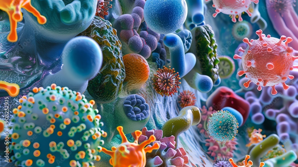 Microscopic view of various viruses and bacteria, showcasing complex ...