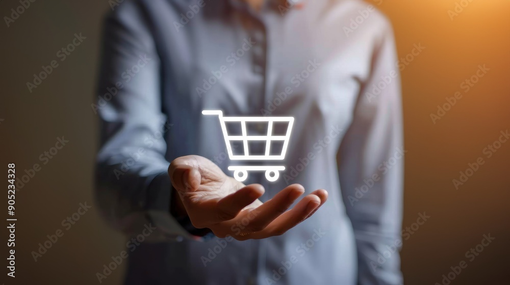 Hand holding shopping cart icon symbolizing online shopping and e ...