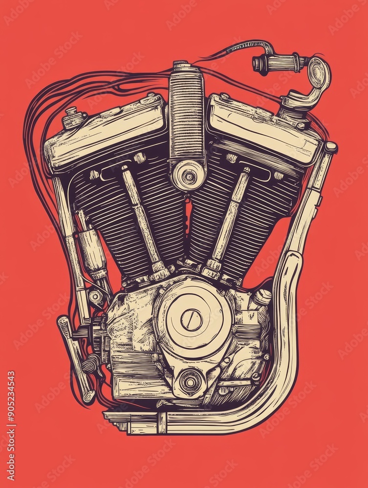 This is a hand-drawn illustration of a vintage motorcycle engine. The ...