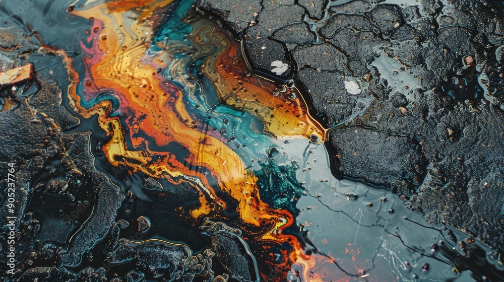 Texture of colorful petrol oil spill on wet pavement Slick industry oil ...
