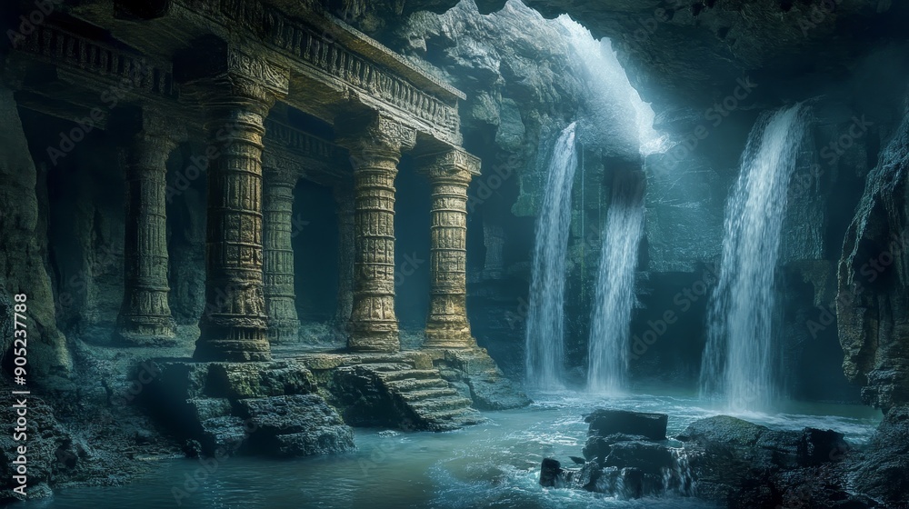 An ancient stone structure with pillars stands beside a waterfall ...