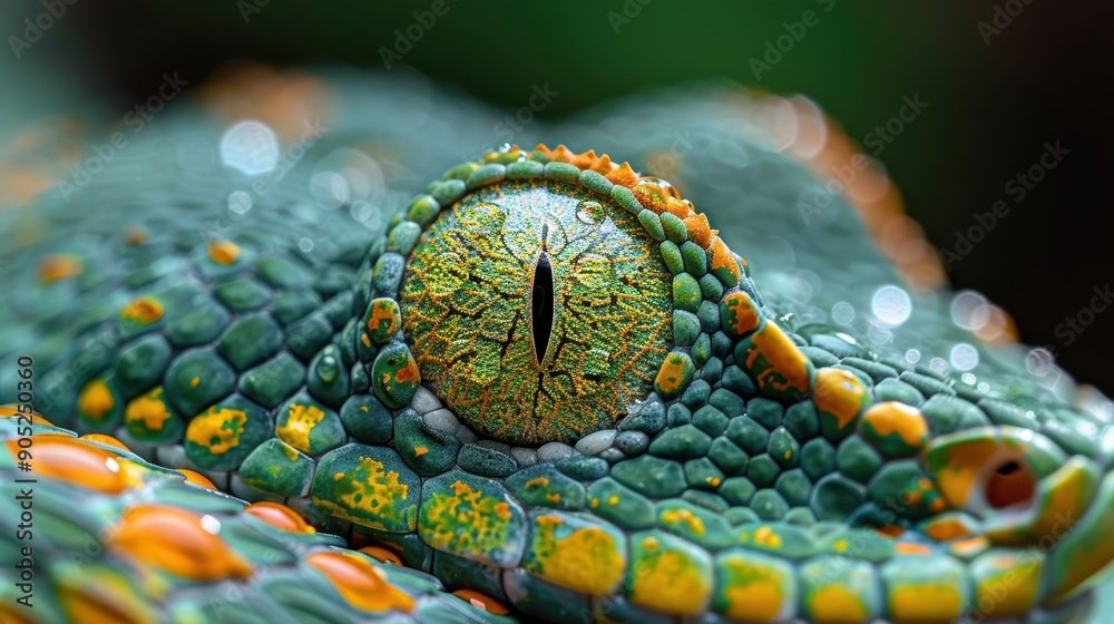Close-up of a green and orange reptile's eye, featuring intricate scales and a slit pupil ...