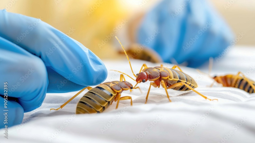 Professional exterminator treating bed bug infestation in a bedroom ...