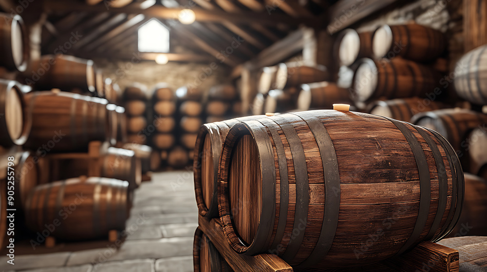 Wooden Old Stacked whisky barrel stack in a warehouse vintage style ...