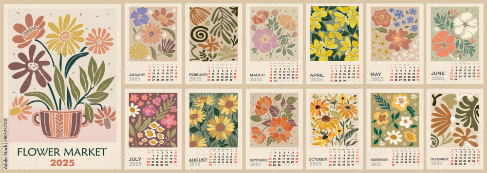 Floral calendar template for 2025 . Vertical design with Flower Market ...