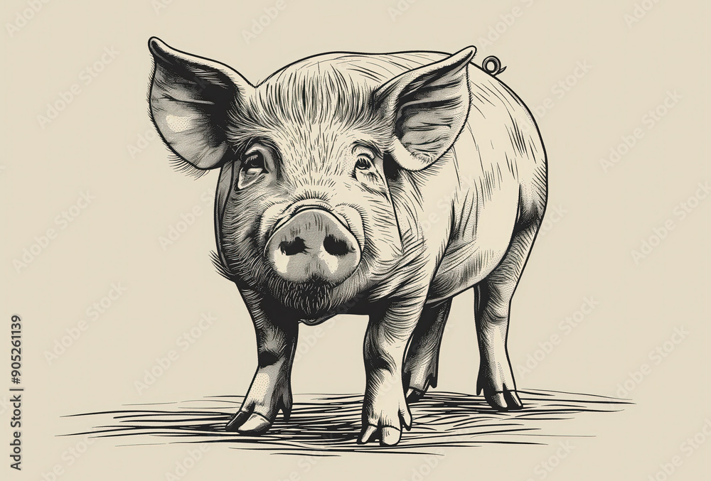 Pig, hog, boar. Vintage retro print, black white pig sketch ink pencil ...
