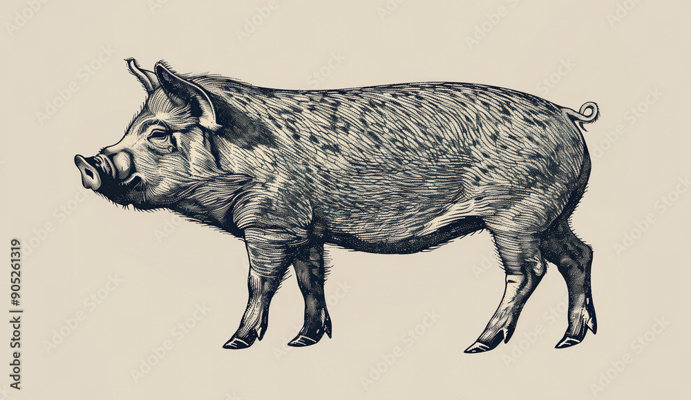 Pig, hog, boar. Vintage retro print, black white pig sketch ink pencil ...
