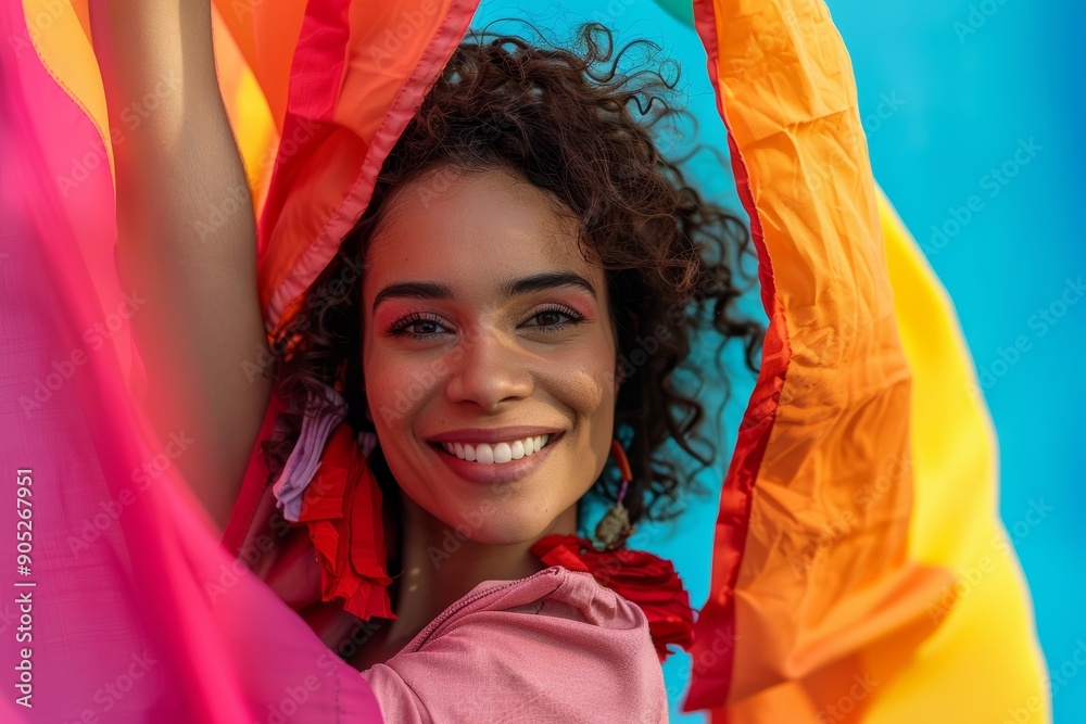 Beautiful LGBTQ woman, flag, and studio portrait with blue background ...