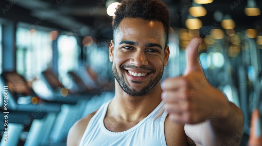 Child athlete thumbs up. Fit young man promoting gym workout. Youth ...