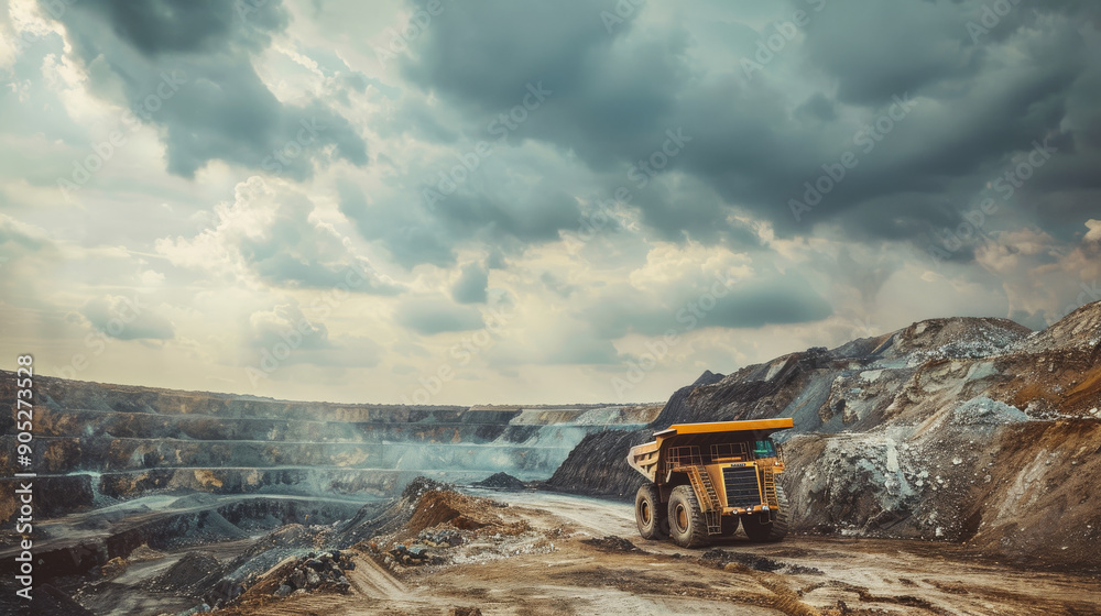 A colossal mining truck stands idle in a vast, rugged open-pit mine ...