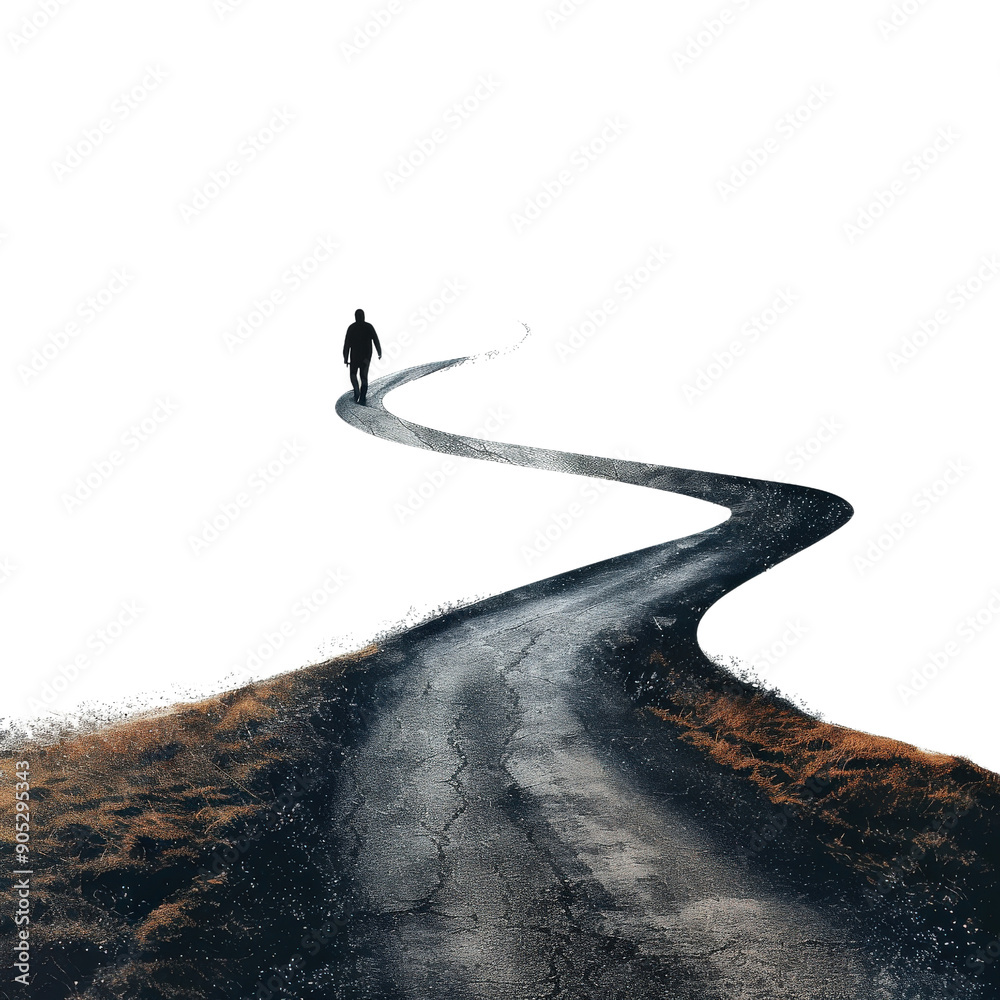 A lone person walking on a winding, cracked road through a barren ...