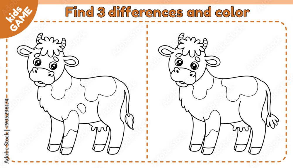 Vetor do Stock: Farm kids game Find 3 differences with cartoon cow ...