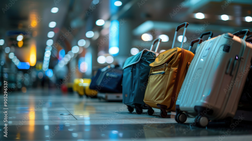 A close-up of diverse travel bags and suitcases in an airport baggage ...