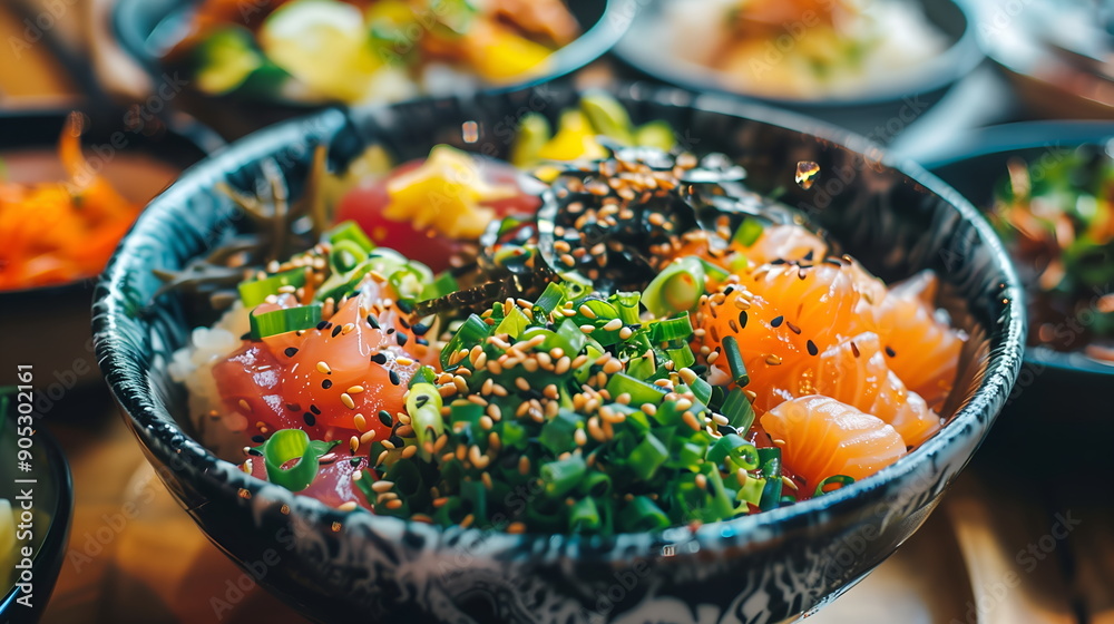 Poke bowl with basmati rice, mango, salmon, green, cucumber, pickled ...