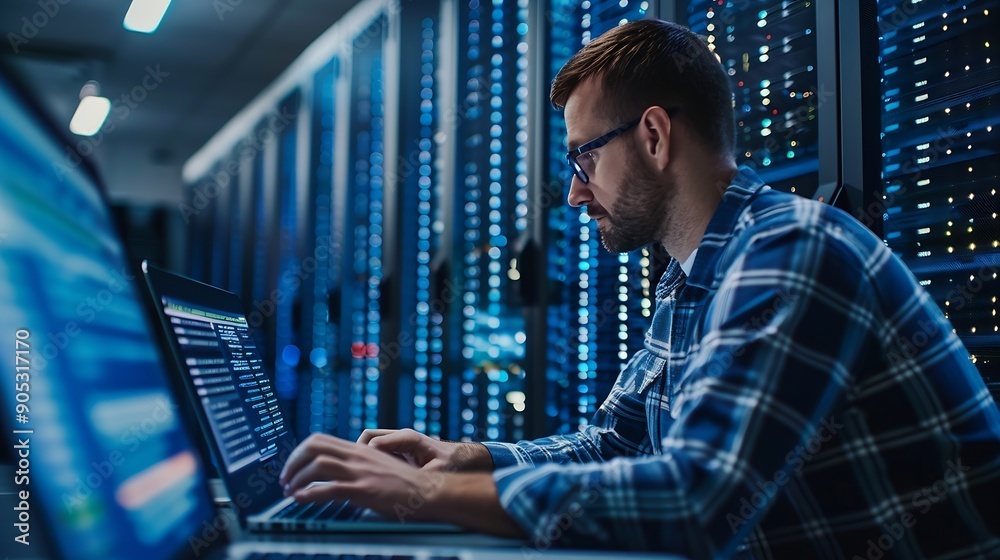 Successful Data Center IT Specialist Using Laptop Computer Server Farm Cloud Computing Facility ...