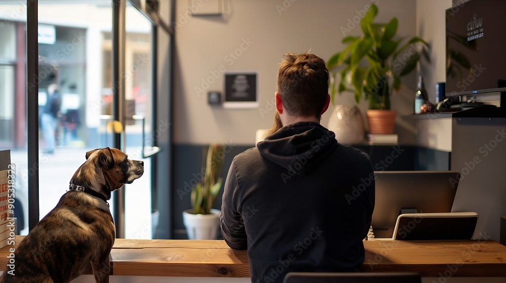 Man worker seen from behind talking about grooming services with a dog ...