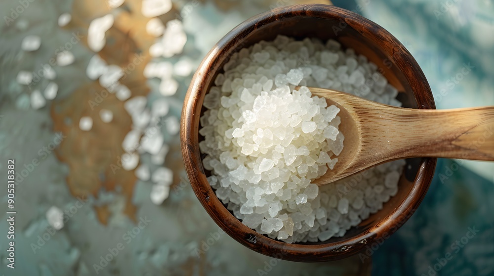 Ceramic bowl of sea salt, wooden spoon, light blue background ...