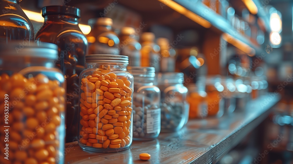 Pharmacy Shelves with Bottles of Medicine. Close-up of pharmacy shelves ...