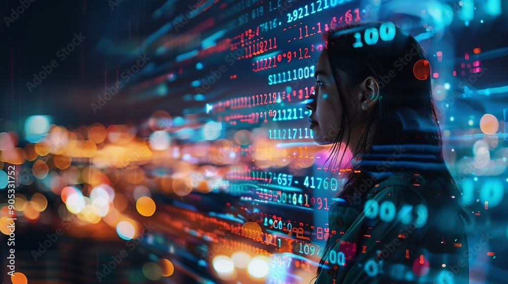 Computer code hologram and woman thinking of data analytics information ...