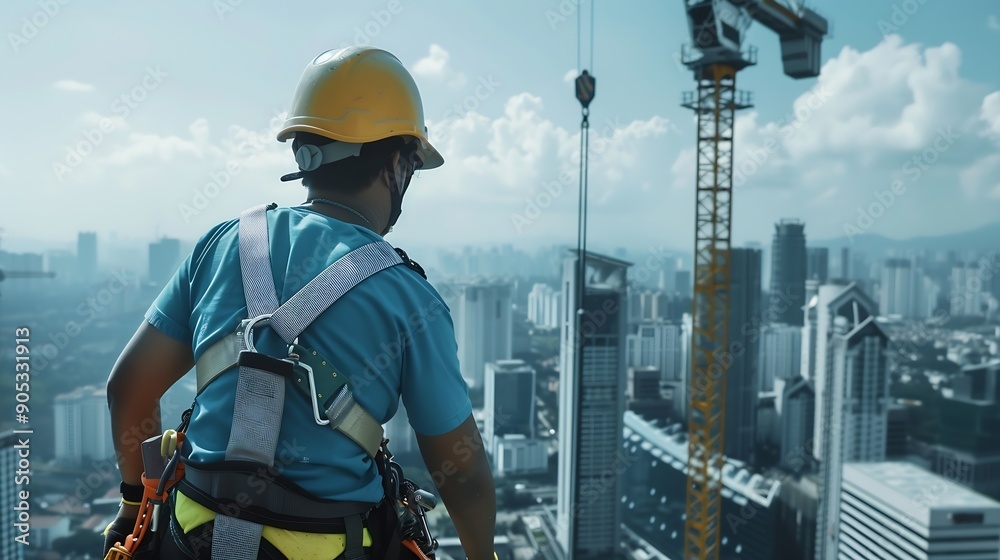 Asian male construction worker working at height on steel frame Wear ...